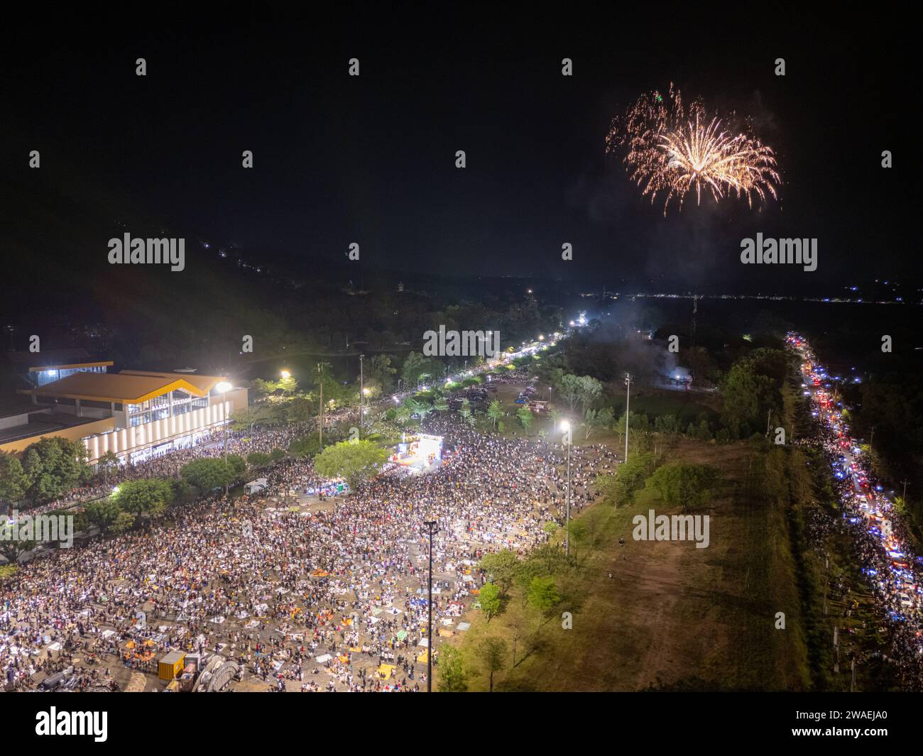 Celebration. Skyline with fireworks light up sky in Ba Den mountain ...