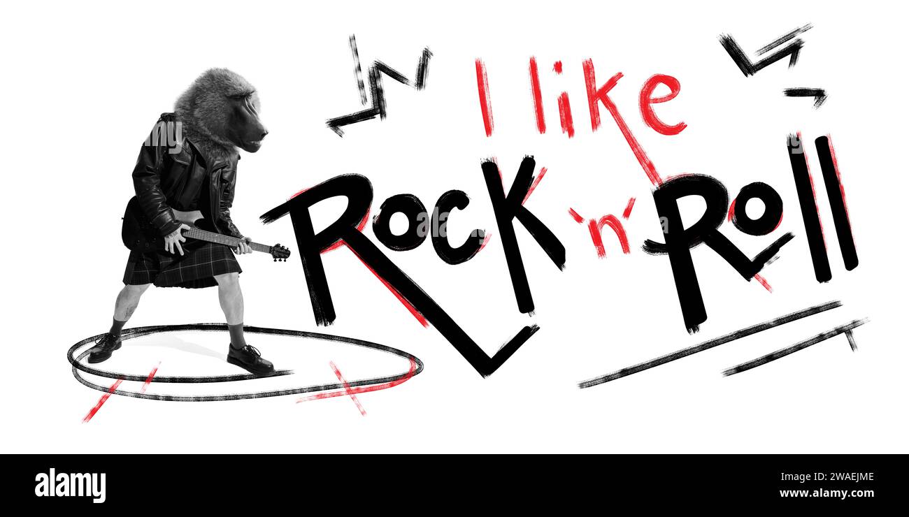 Poster. Contemporary art collage. I like Rock-n-roll. Baboon wearing ...