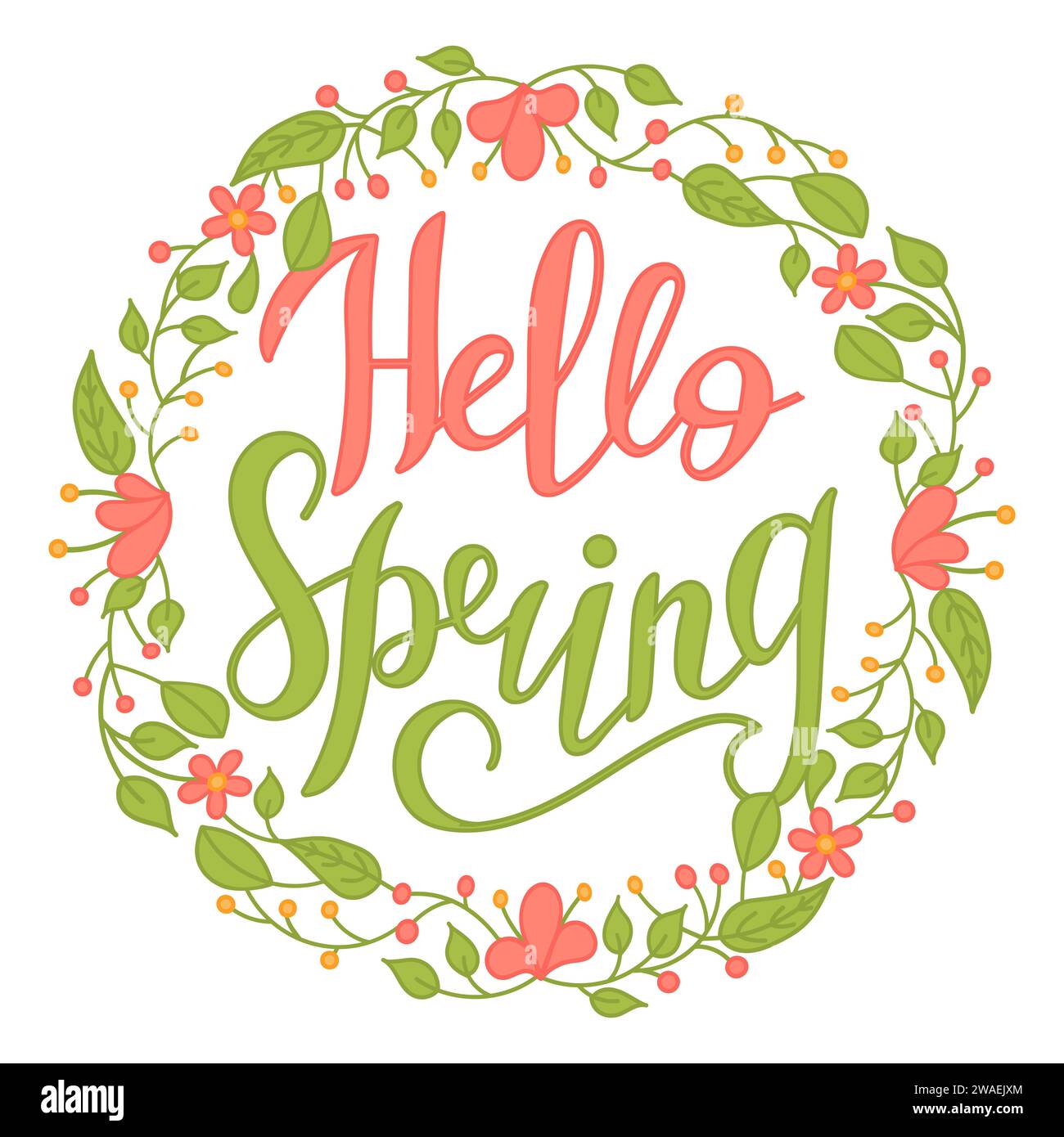 Spring - hand lettering design on a white background in a floral frame ...