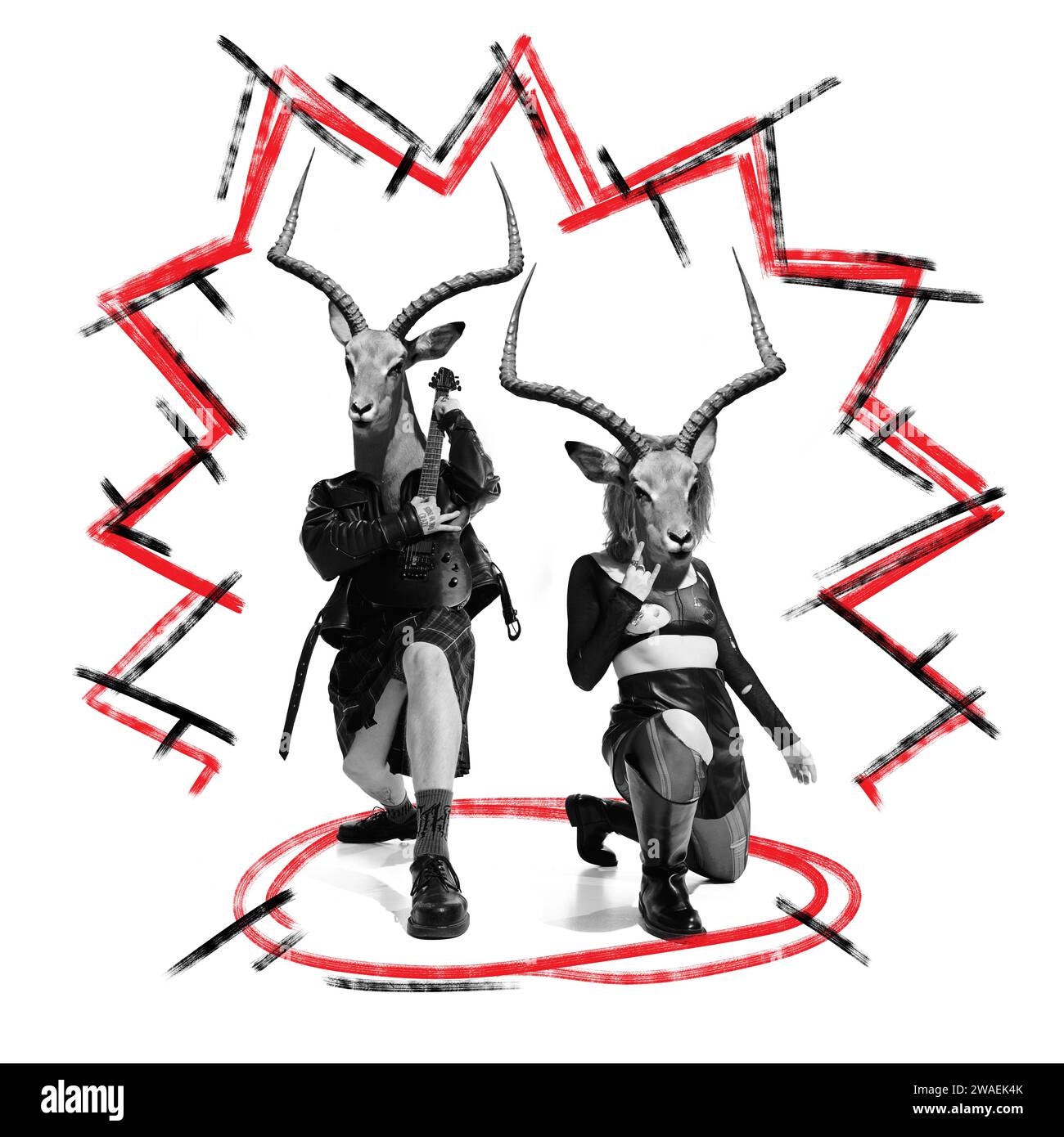 Poster. Contemporary art collage. Man and woman with antelope heads ...