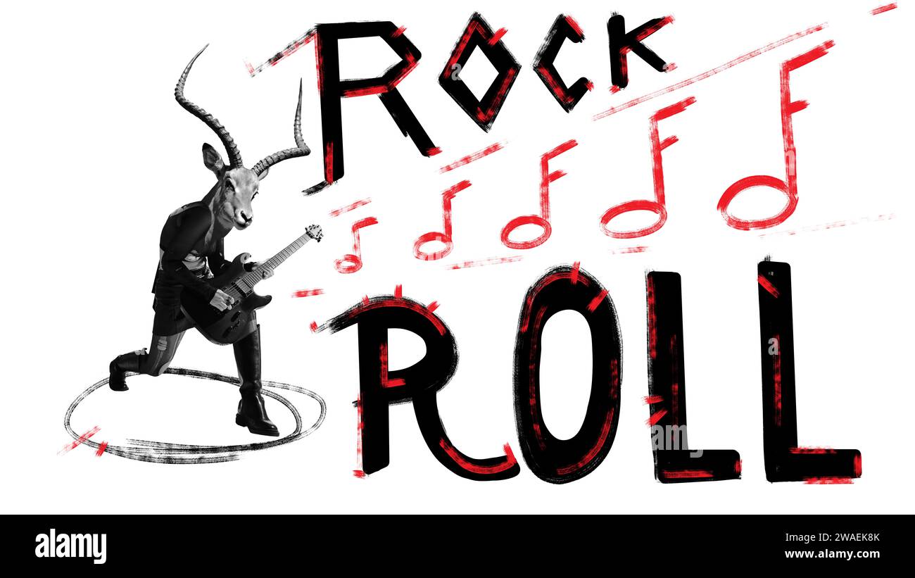 Poster. Contemporary art collage. antelope having lot of fun playing ...