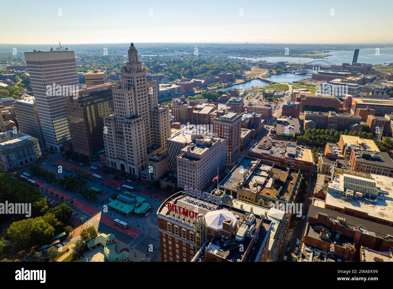 An aerial view of Kennedy Plaza and Biltmore hotel in Downtown ...