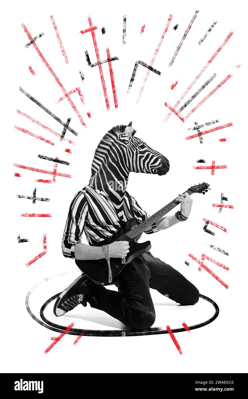 Poster. Contemporary art collage. Young guy with zebra head, who enjoys ...