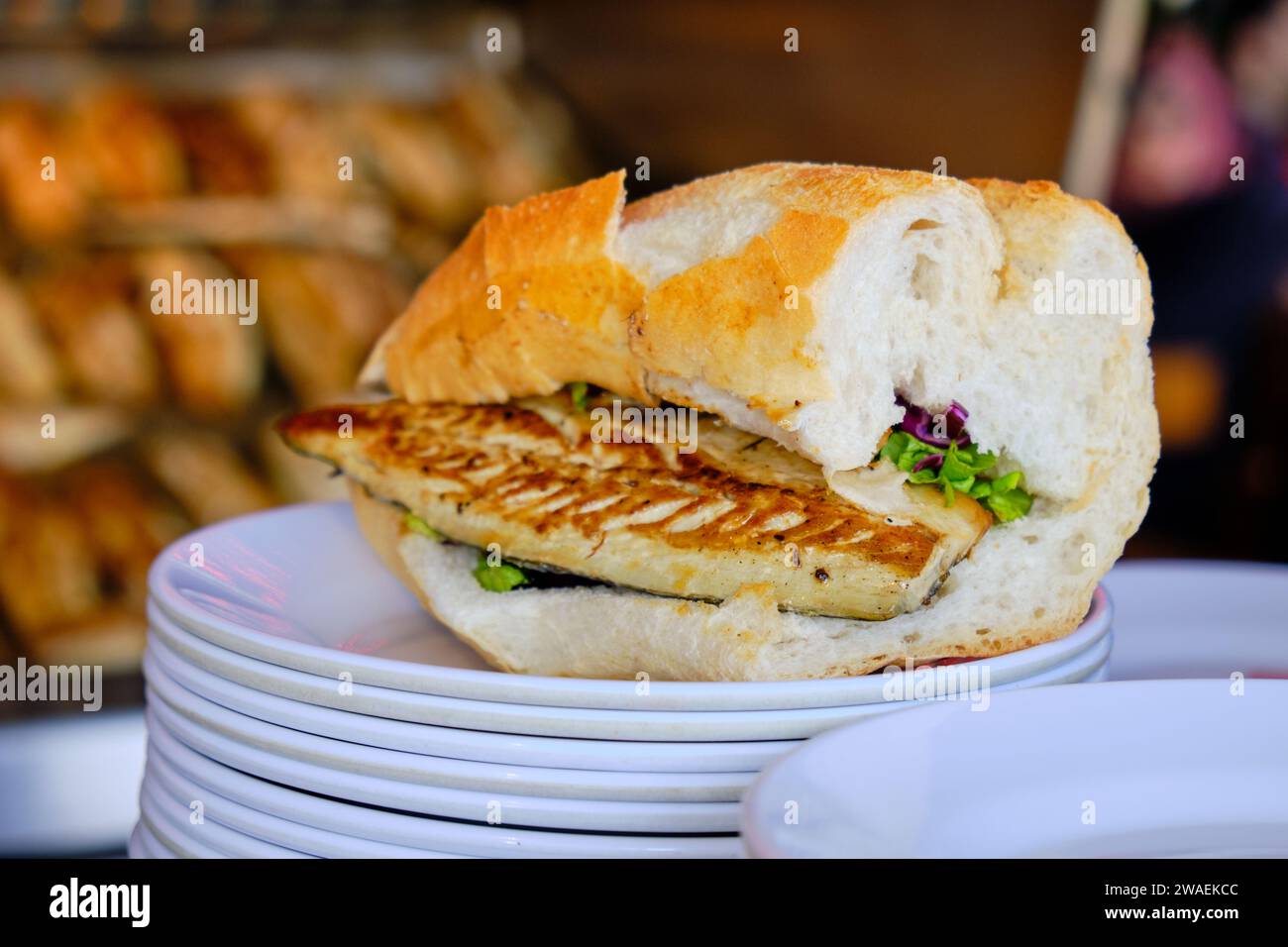 Traditional fish sandwich served on the dock of Eminonu area of ...