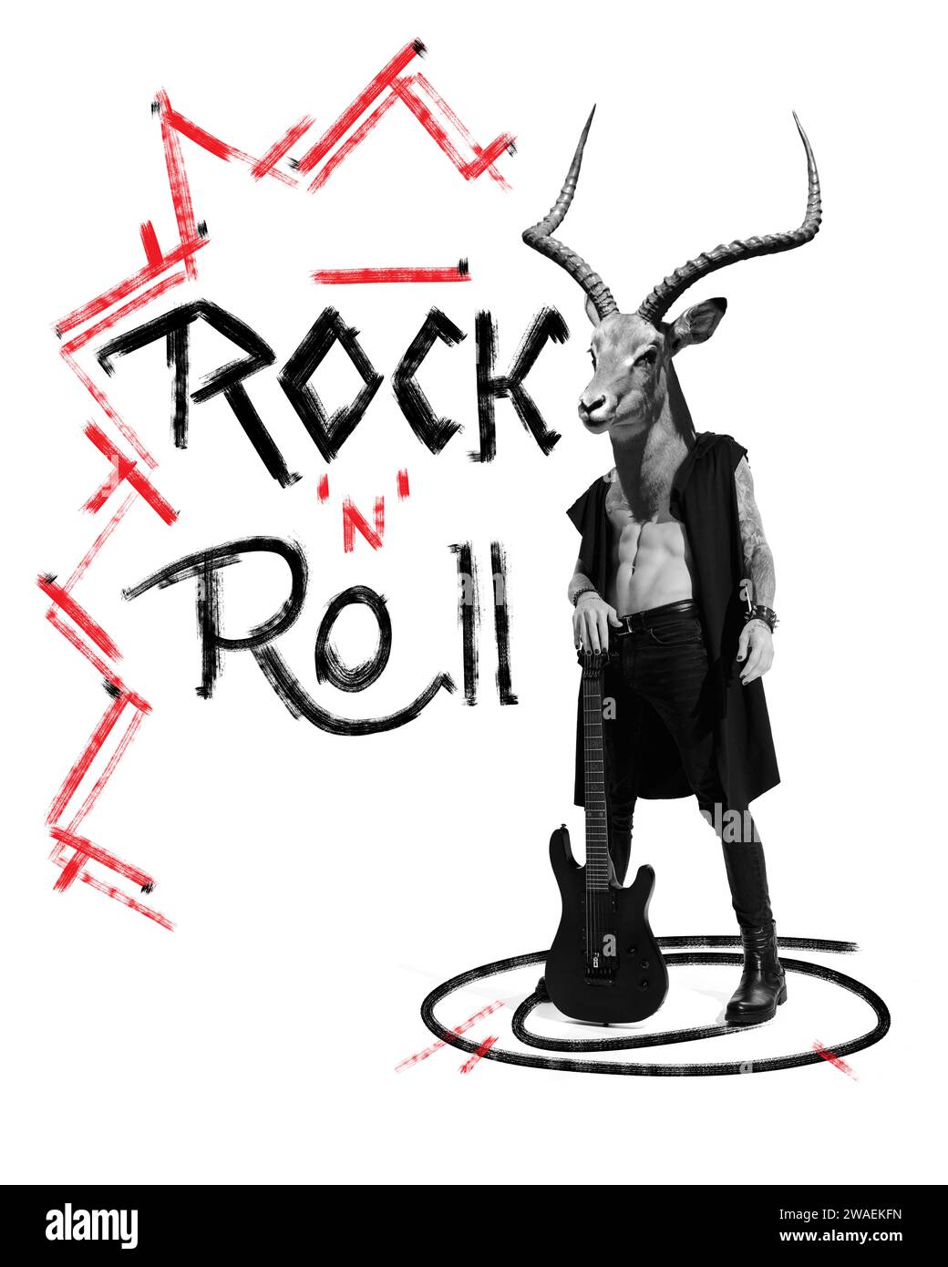 Poster. Contemporary art collage. Human, man with antelope head stands ...