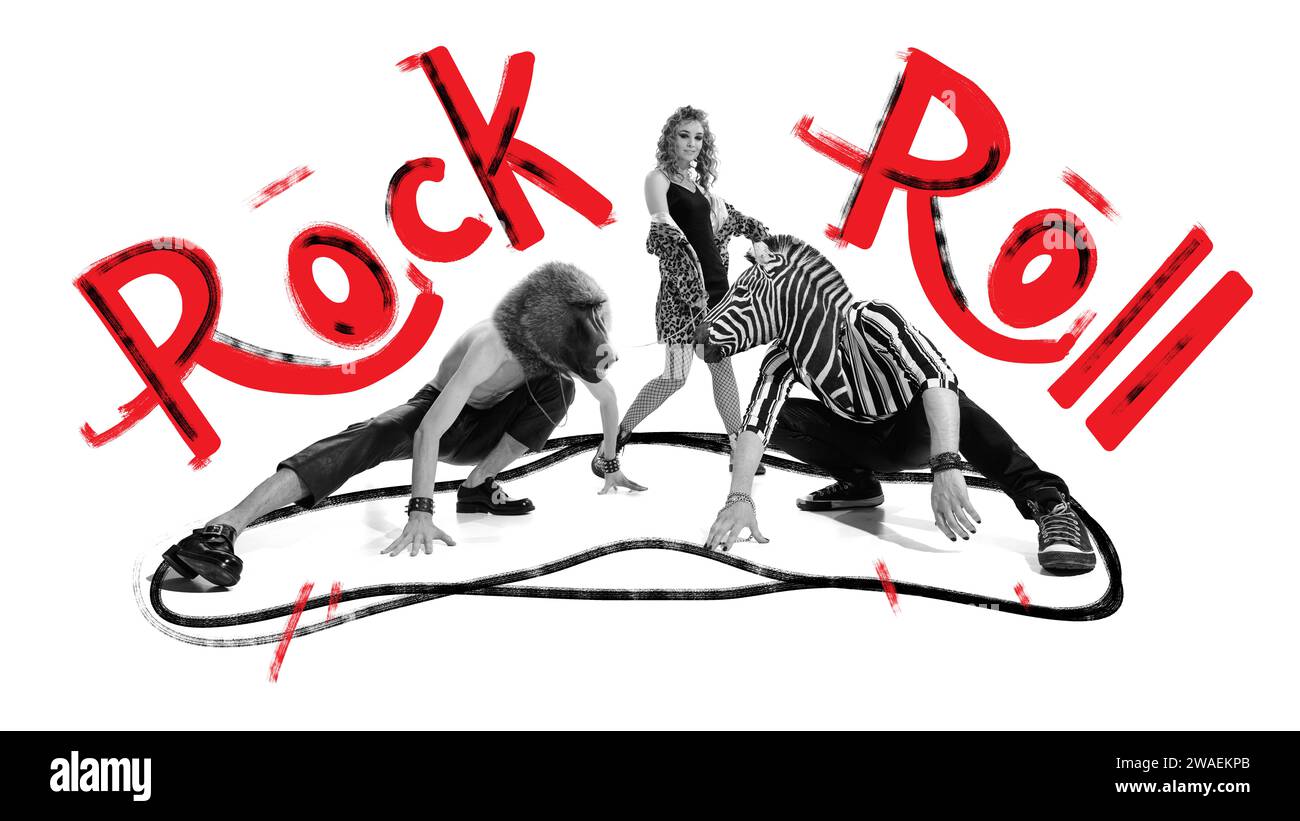 Poster. Contemporary art collage. Two people with animal heads, baboon ...