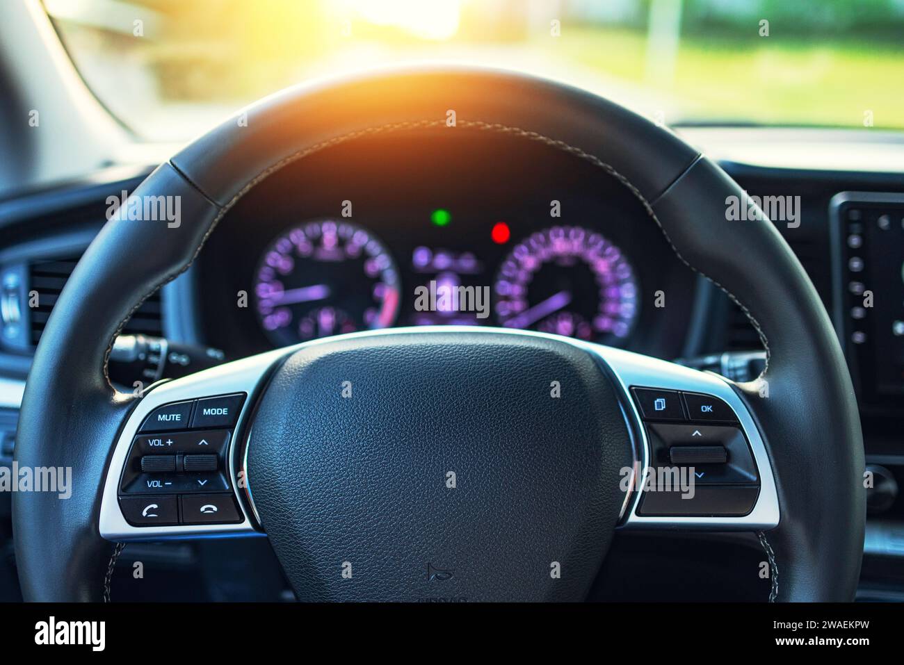 Car wheel dashboard interior front view of luxury new car Stock Photo ...