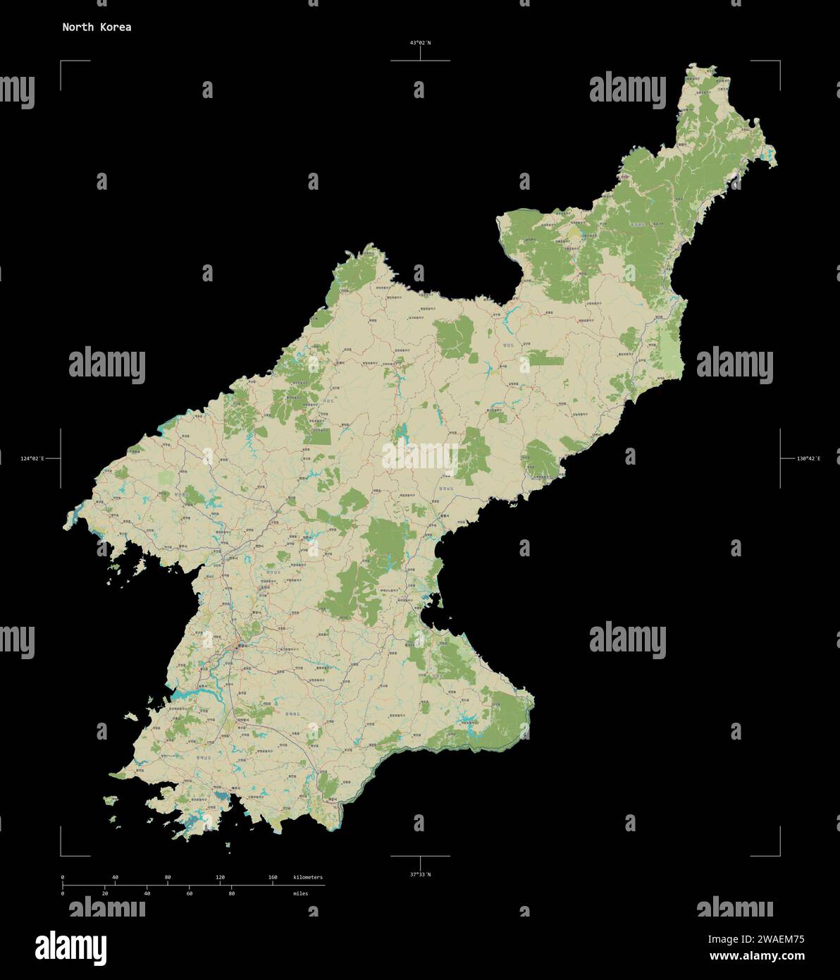Shape of a topographic, OSM Humanitarian style map of the North Korea ...