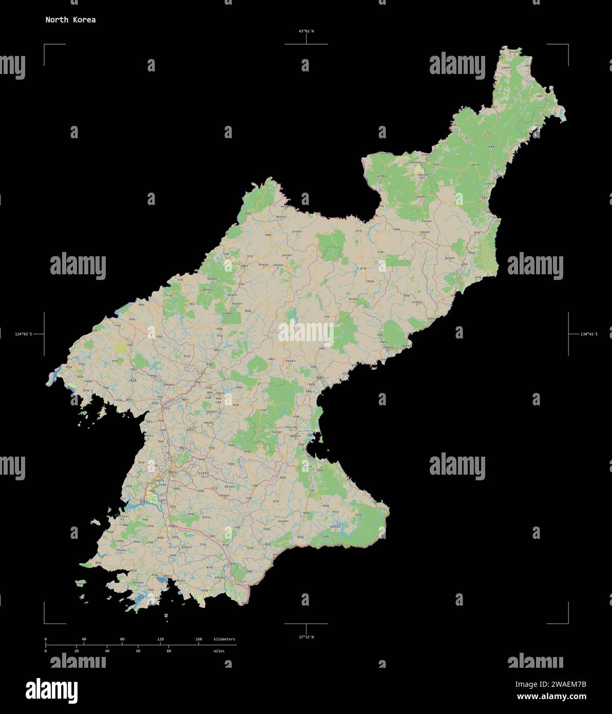 Shape of a topographic, OSM standard style map of the North Korea, with ...