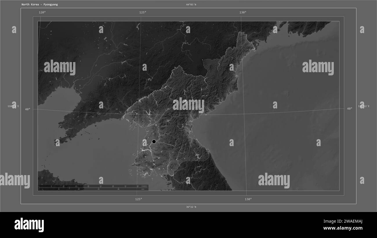 North Korea highlighted on a Grayscale elevation map with lakes and ...