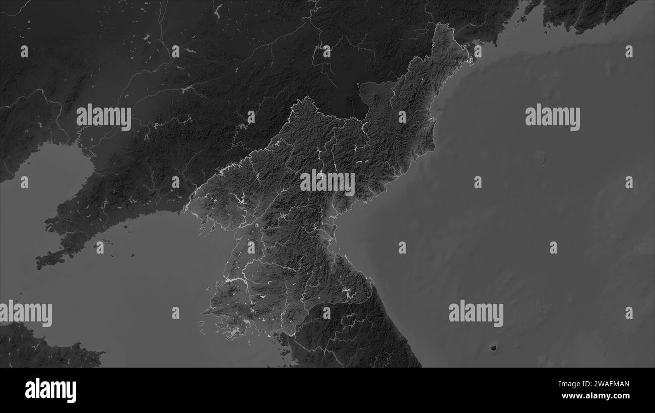 North Korea highlighted on a Grayscale elevation map with lakes and ...