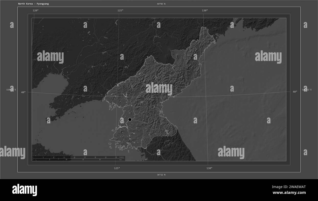 North Korea highlighted on a Bilevel elevation map with lakes and ...