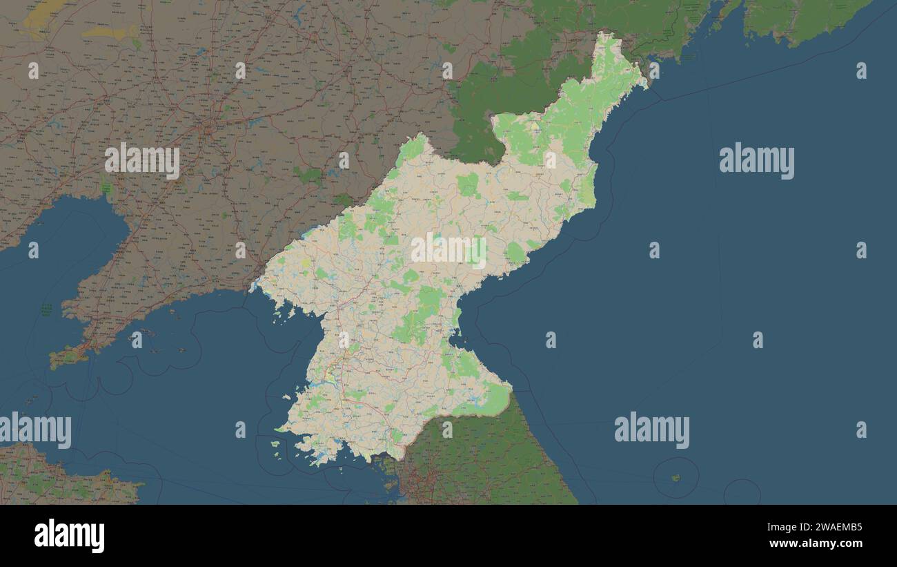 North Korea highlighted on a topographic, OSM standard style map Stock ...