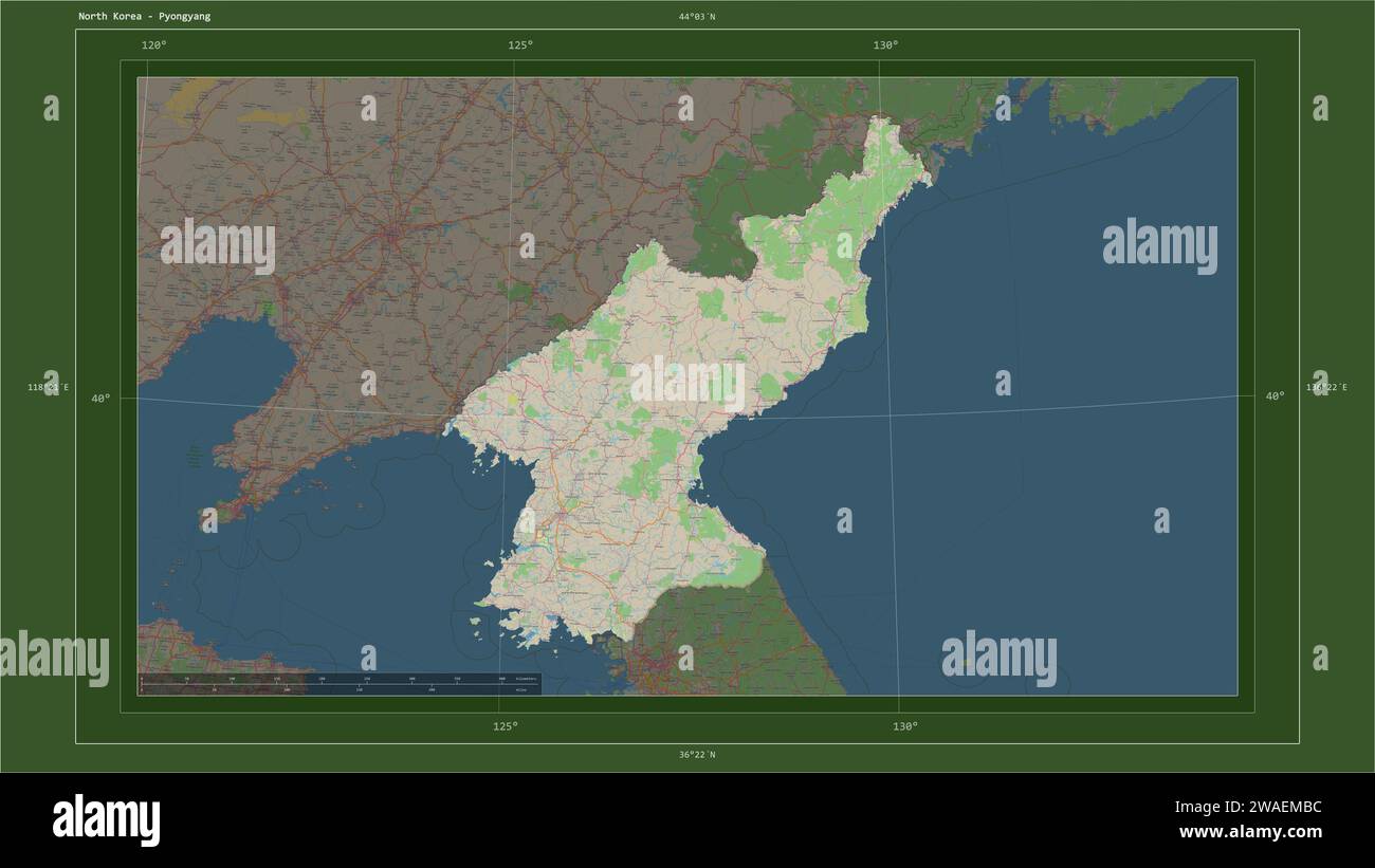 North Korea highlighted on a topographic, OSM Germany style map map ...
