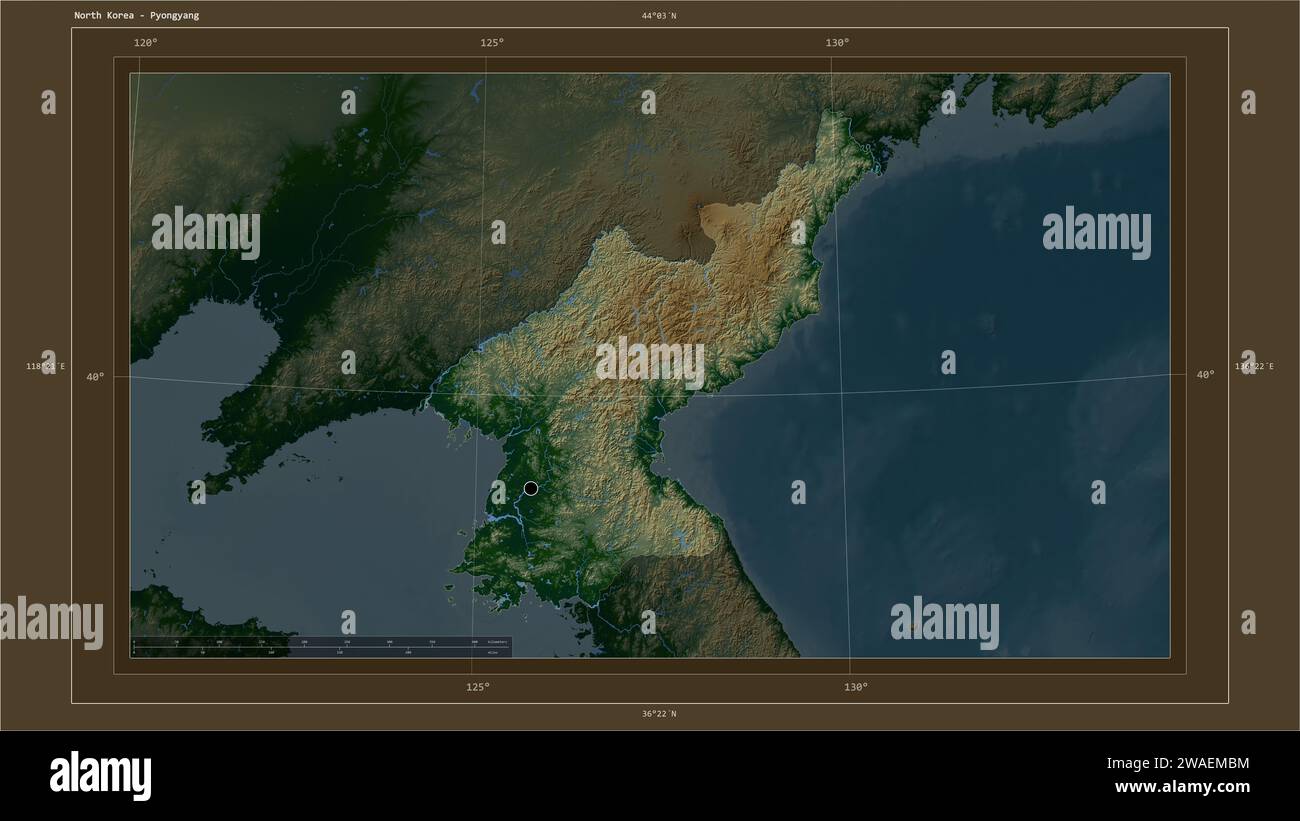 North Korea highlighted on a Colored elevation map with lakes and ...