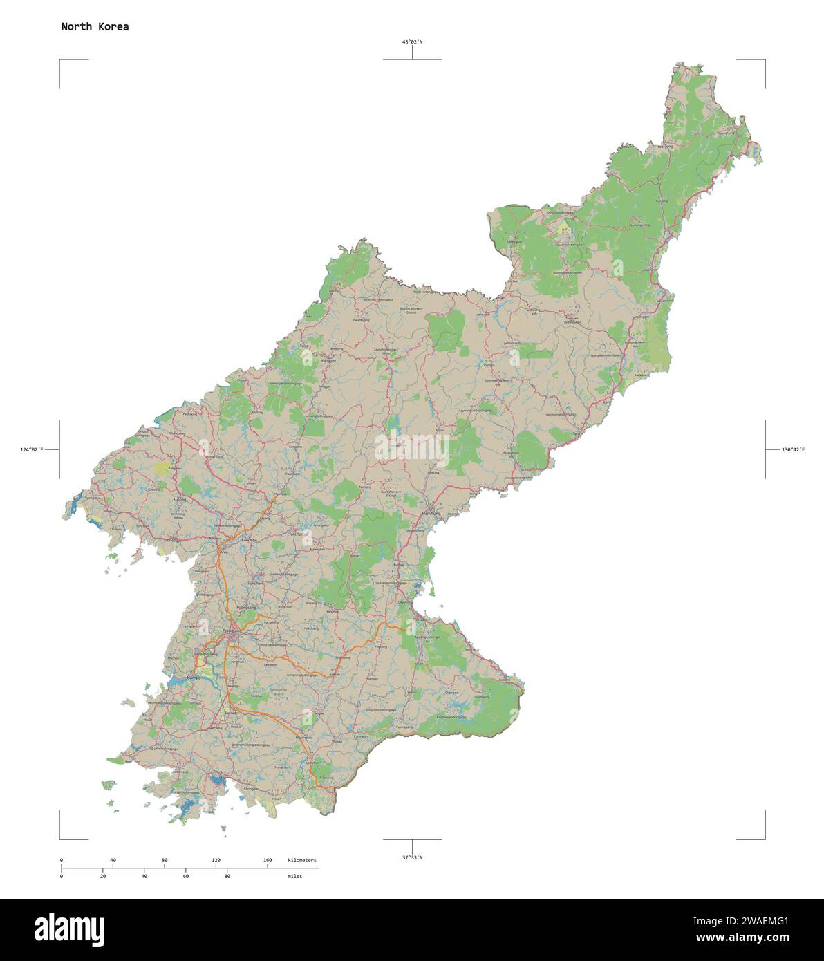 Shape of a topographic, OSM Germany style map of the North Korea, with distance scale and map ...