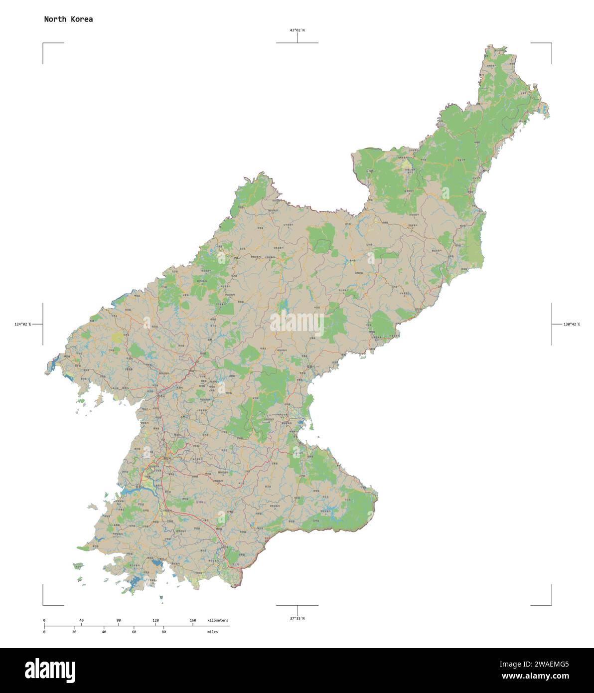 Shape of a topographic, OSM standard style map of the North Korea, with distance scale and map ...