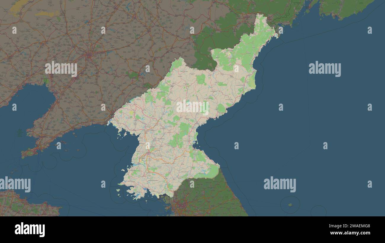 North Korea highlighted on a topographic, OSM Germany style map Stock ...