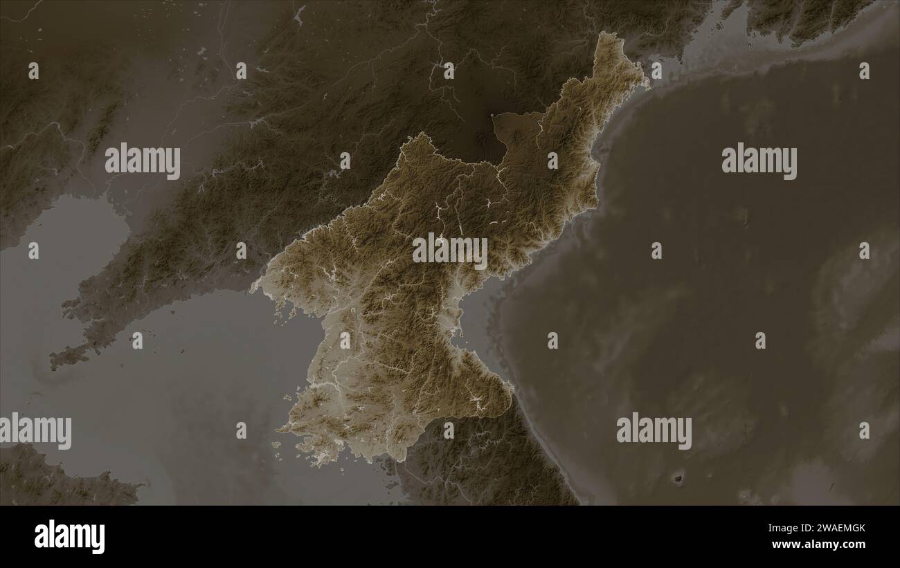North Korea highlighted on a elevation map colored in sepia tones with ...