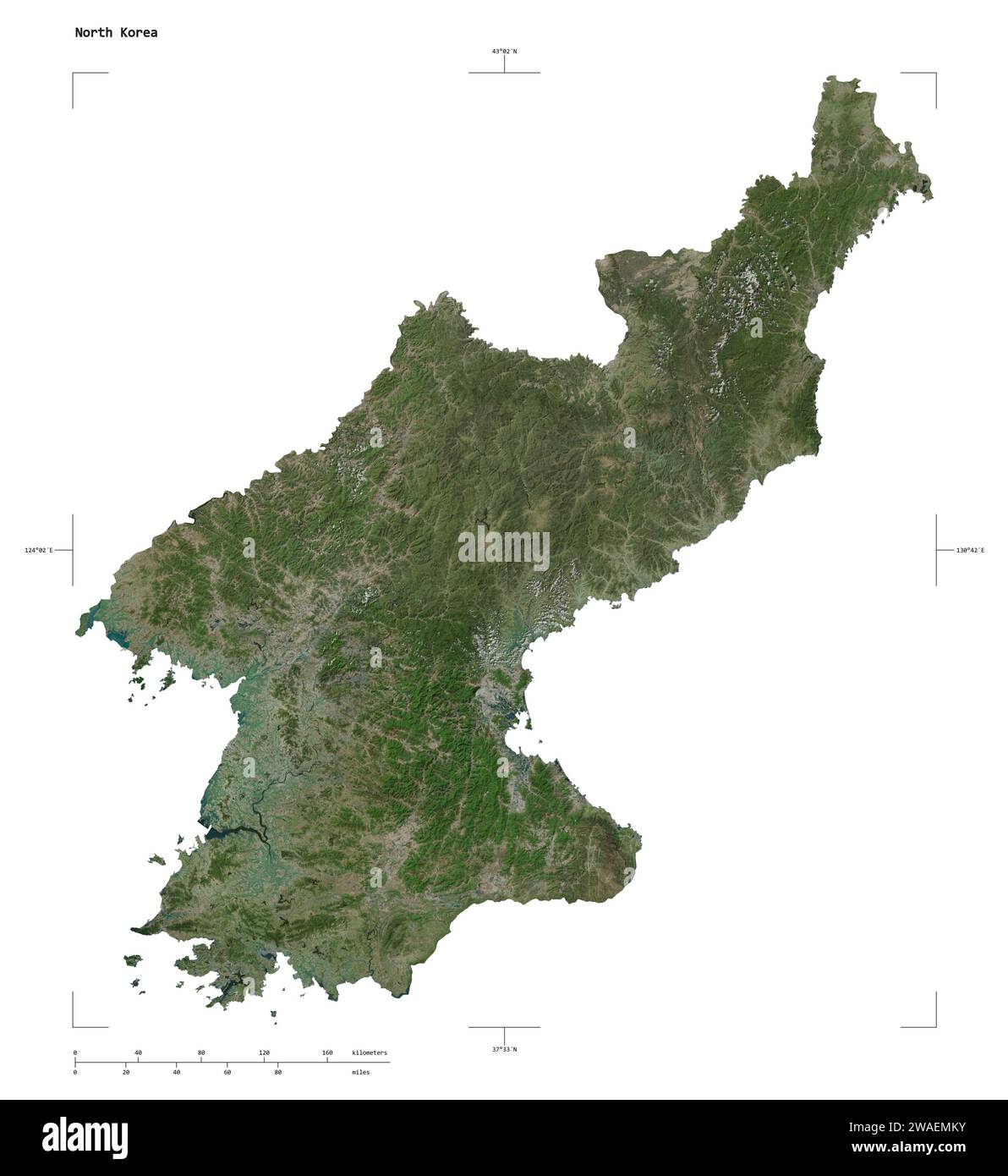 Shape of a high resolution satellite map of the North Korea, with distance scale and map border ...