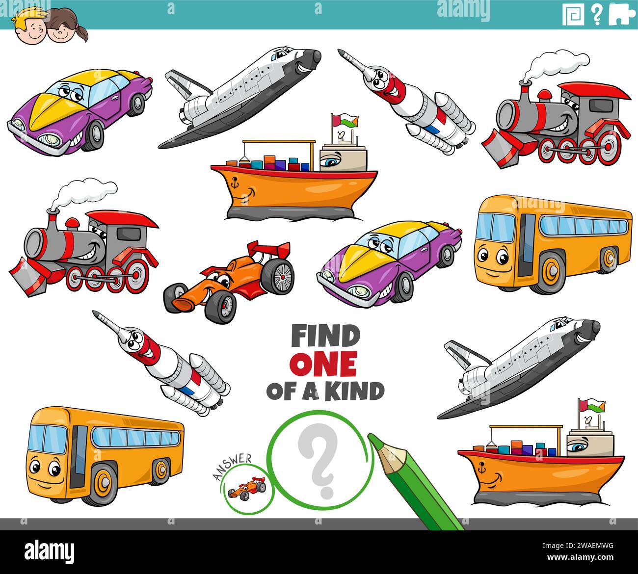 Cartoon illustration of find one of a kind picture educational activity ...