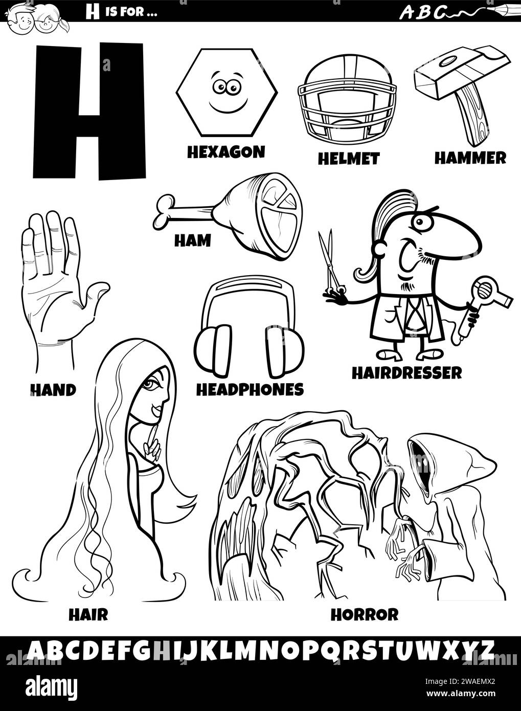 Cartoon illustration of objects and characters set for letter H ...