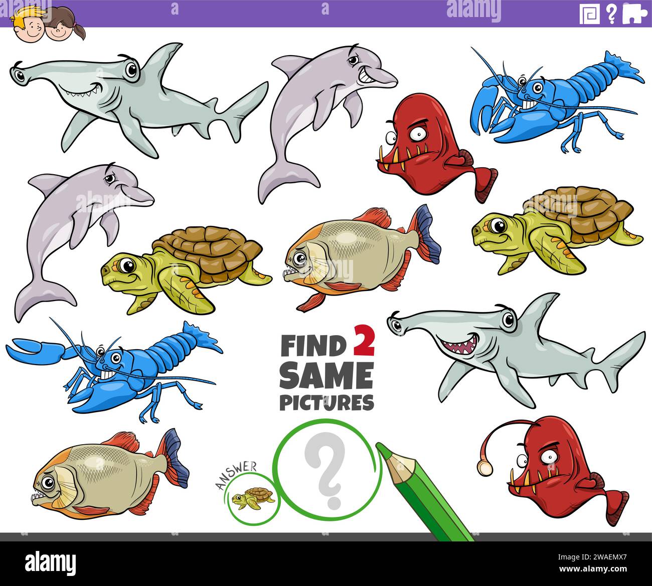 Cartoon illustration of finding two same pictures educational activity ...