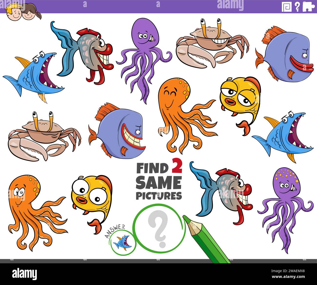 Cartoon illustration of finding two same pictures educational activity ...