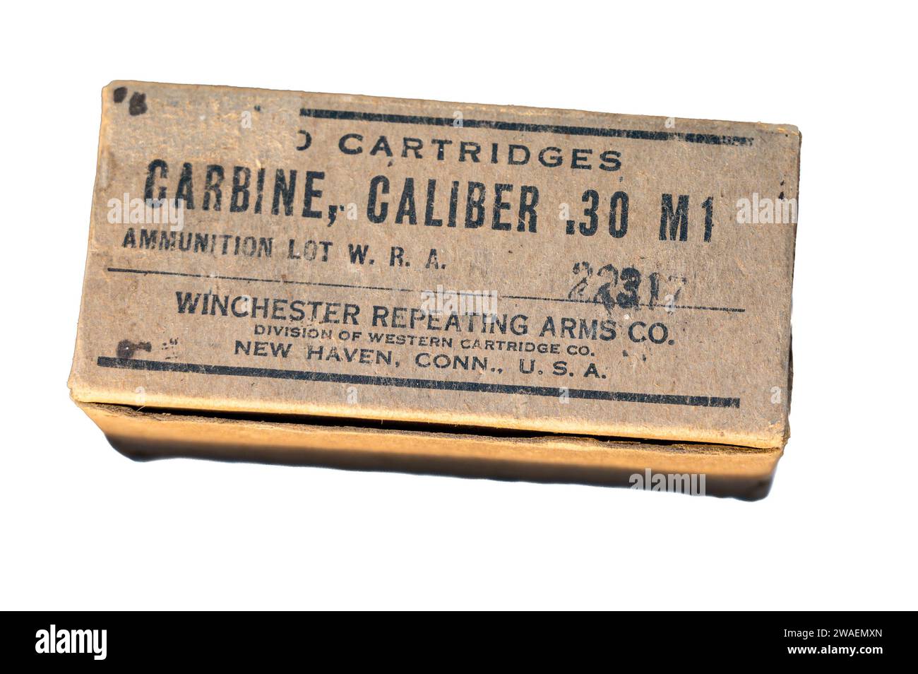 Detail of an old .30 caliber ammunition box on white background Stock ...