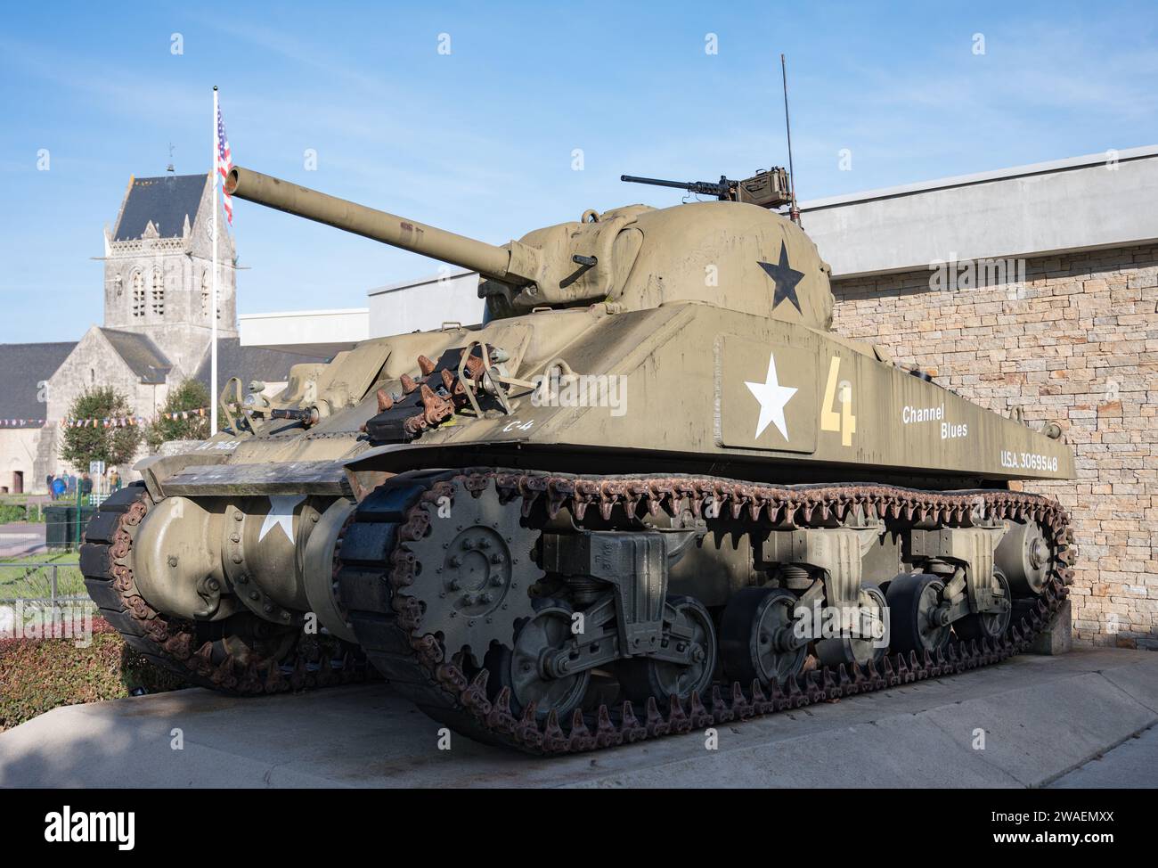 Perspective front view of famous American M4 Sherman medium tank from ...