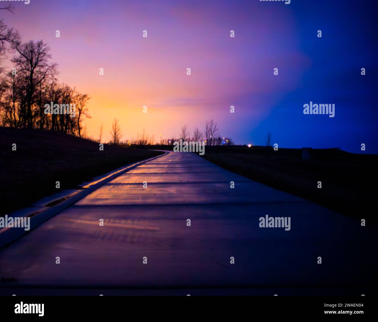 An idyllic rural scene of a sun-soaked, empty country road with a few ...