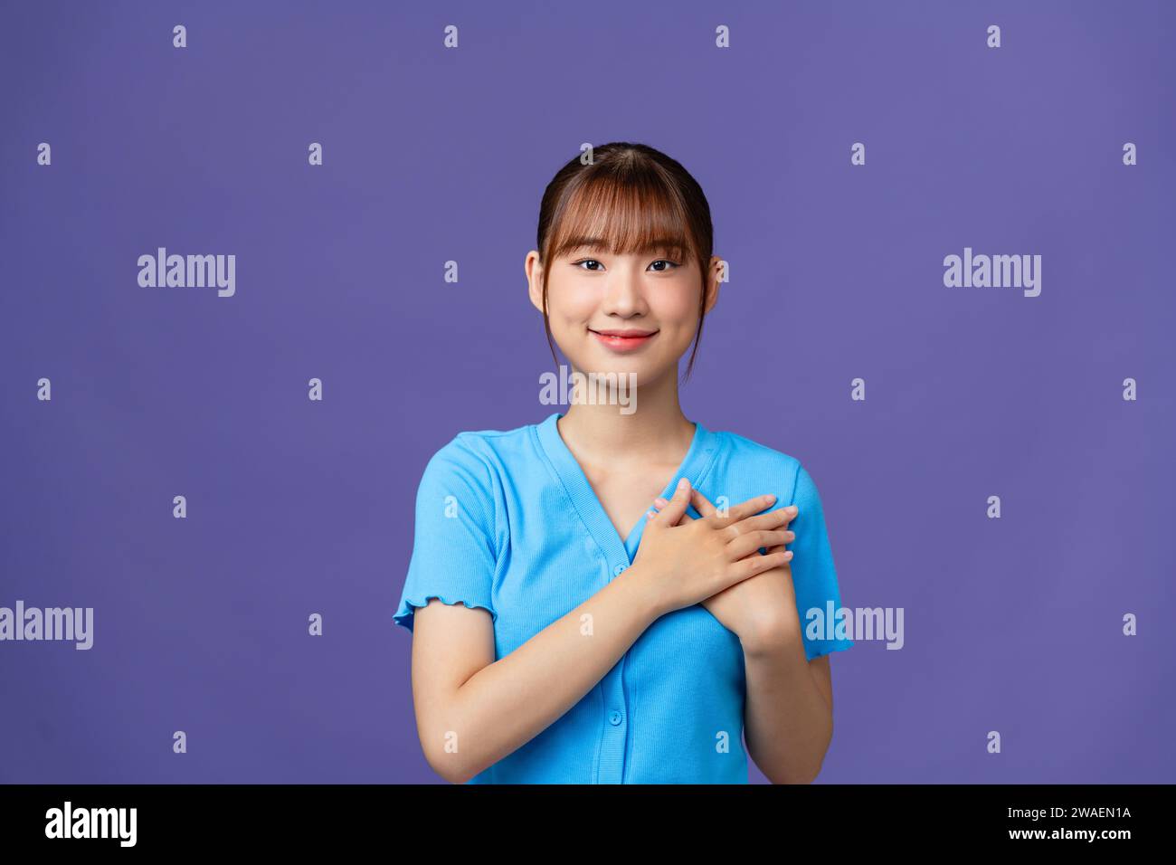 Happy nice charming woman hold hands heart honest smile isolated on ...