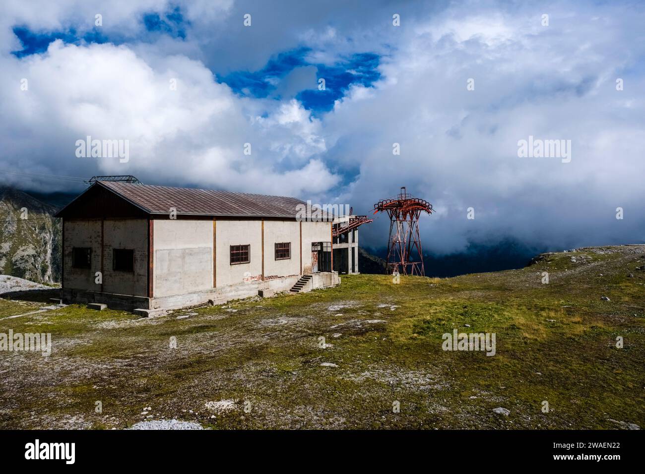 The ruin of a former cable car station, situated above the mountain hut ...