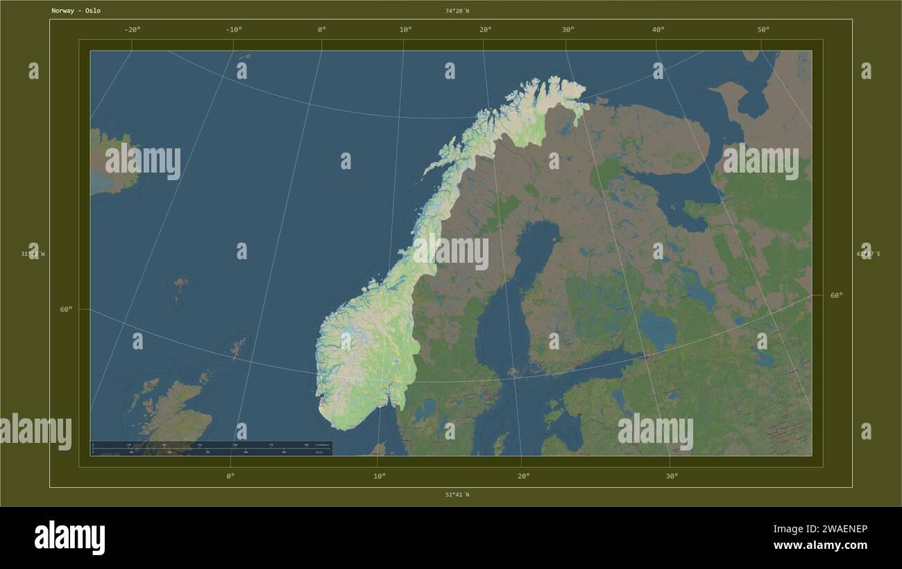 Norway highlighted on a topographic, OSM standard style map map with ...