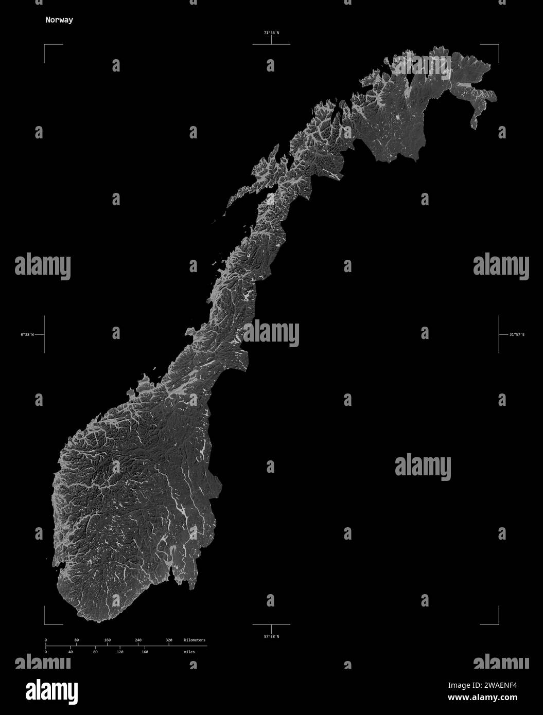 Shape of a Grayscale elevation map with lakes and rivers of the Norway ...