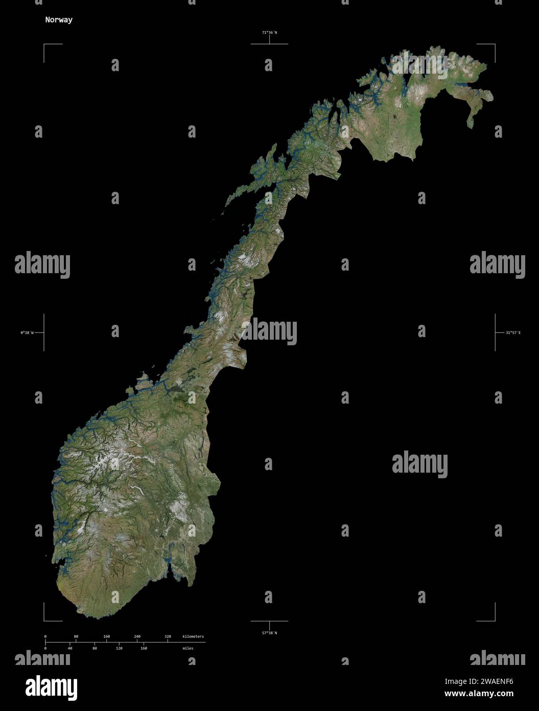 Shape of a high resolution satellite map of the Norway, with distance scale and map border ...