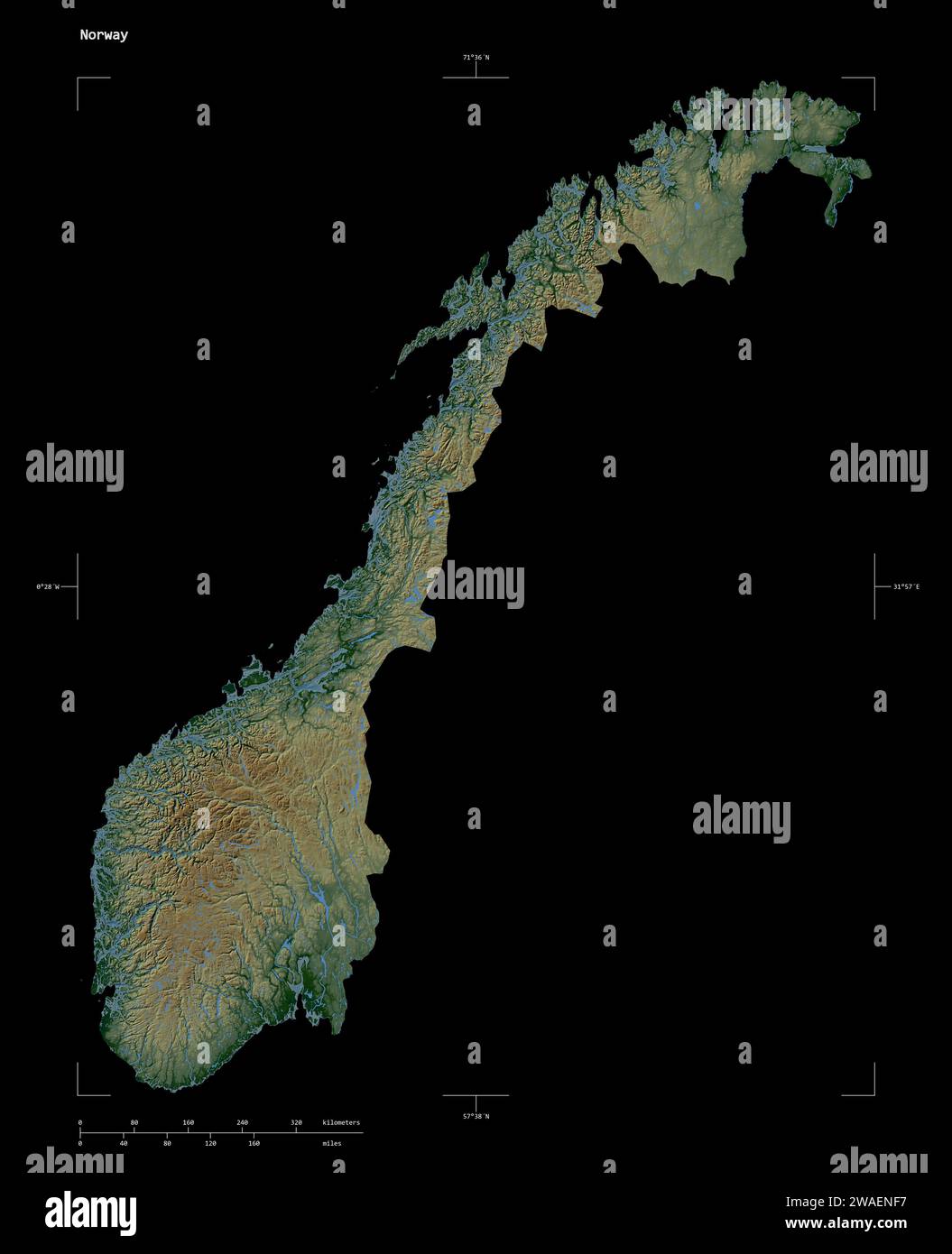 Shape of a Colored elevation map with lakes and rivers of the Norway ...