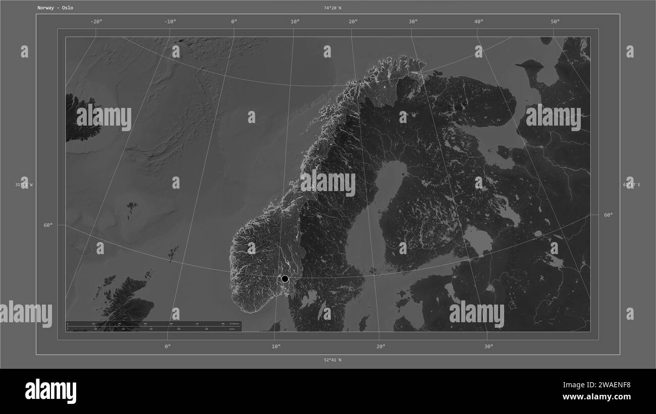 Norway highlighted on a Grayscale elevation map with lakes and rivers ...
