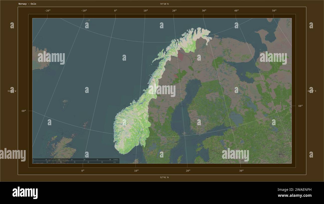 Norway highlighted on a topographic, OSM France style map map with the ...