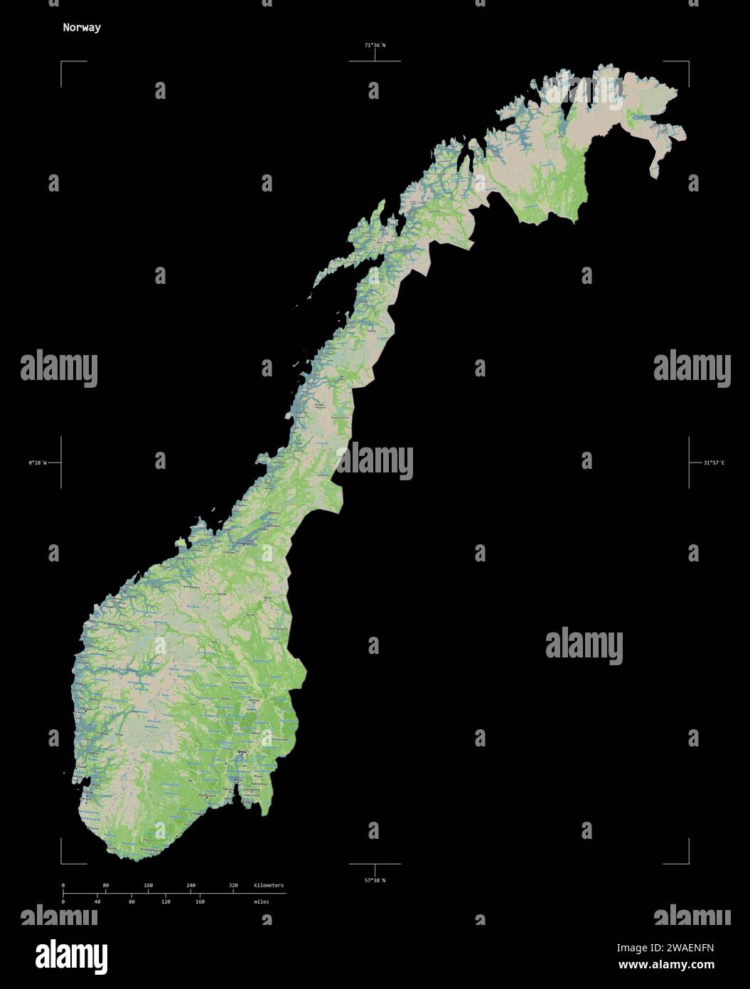 Shape of a topographic, OSM France style map of the Norway, with ...