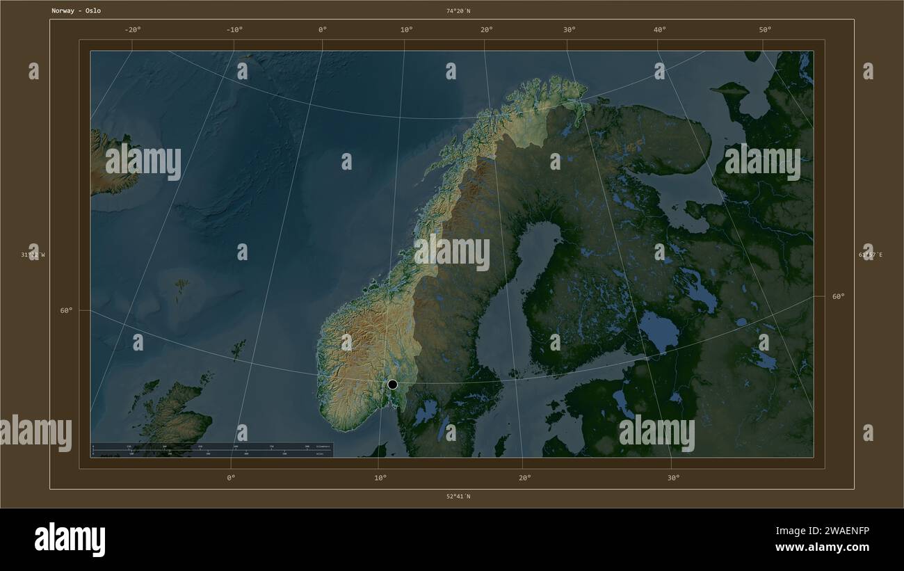 Norway highlighted on a Colored elevation map with lakes and rivers map ...