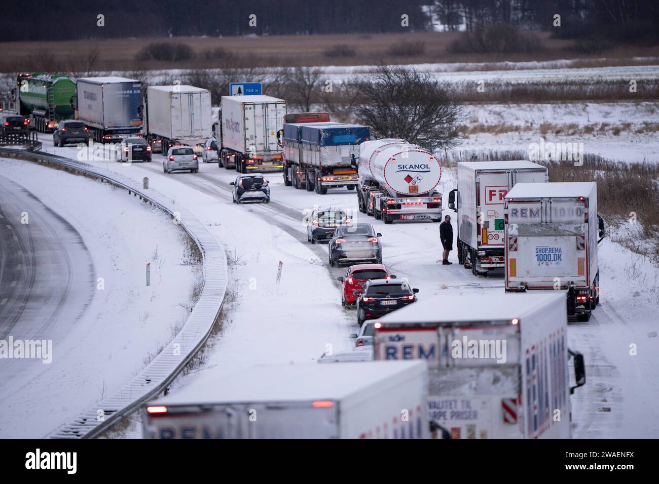 Jutland, Denmark, January 4, 2024, A number of trucks and cars are ...