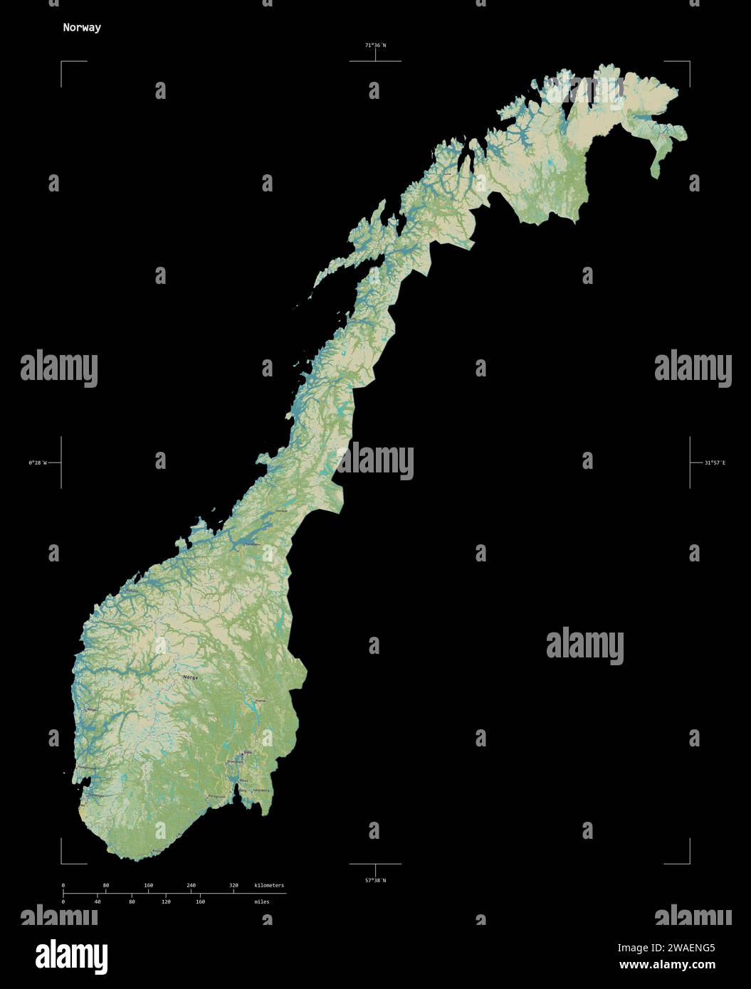 Shape of a topographic, OSM Humanitarian style map of the Norway, with ...