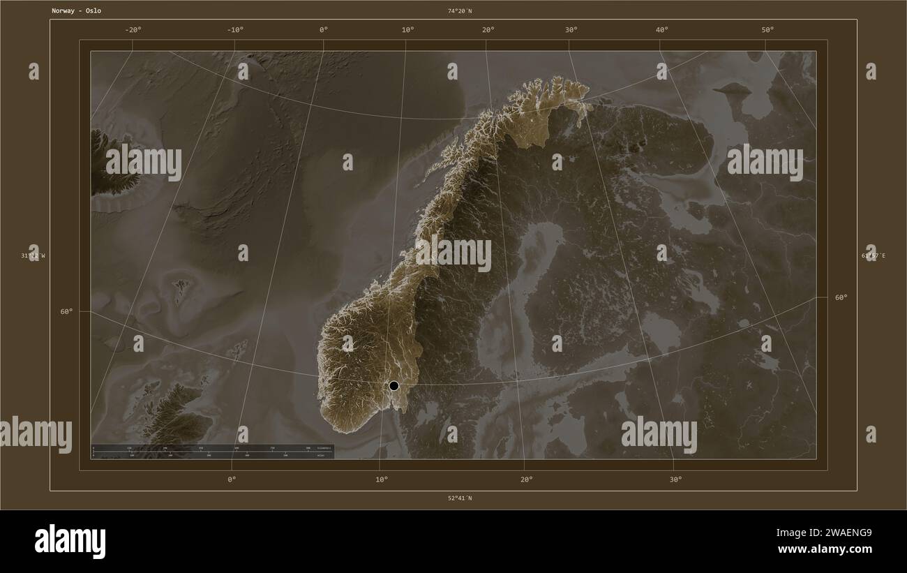 Norway highlighted on a elevation map colored in sepia tones with lakes ...