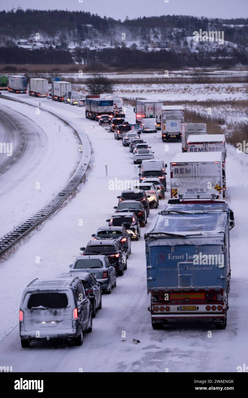 Jutland, Denmark, January 4, 2024, A number of trucks and cars are ...