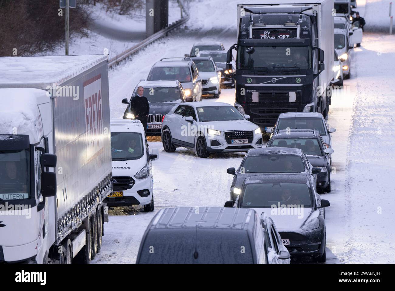 Jutland, Denmark, January 4, 2024, A number of trucks and cars are ...