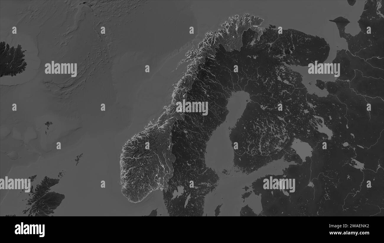Norway highlighted on a Grayscale elevation map with lakes and rivers ...