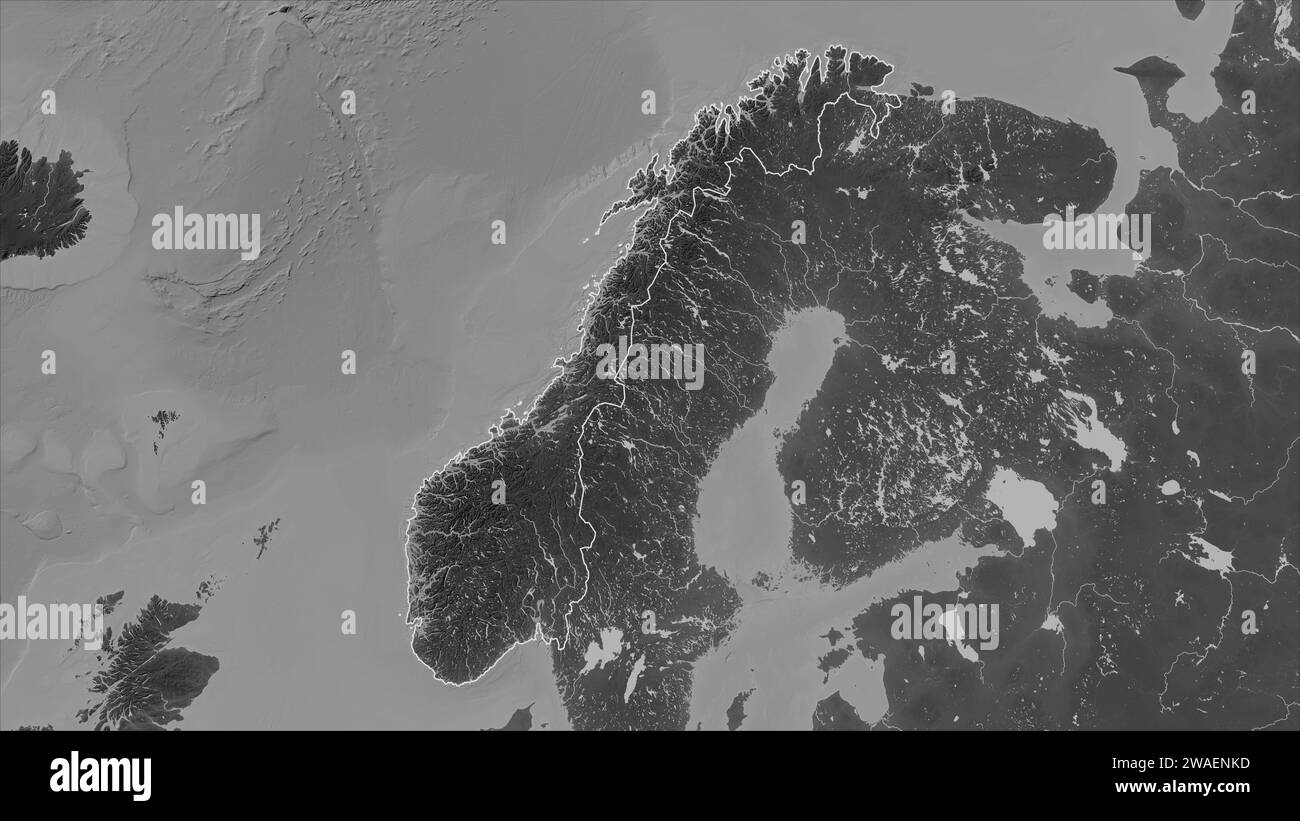 Norway outlined on a Grayscale elevation map with lakes and rivers ...
