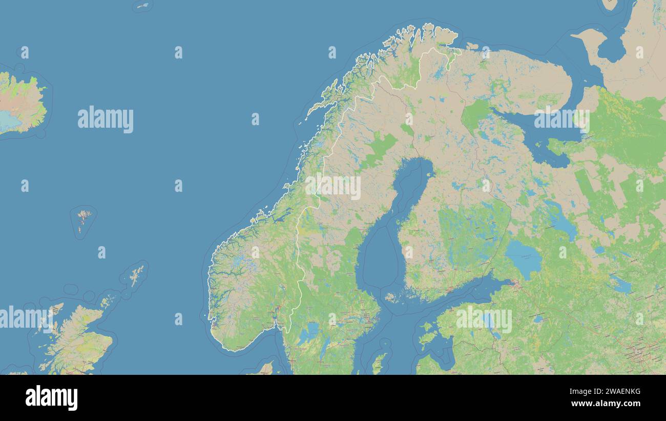 Norway outlined on a topographic, OSM standard style map Stock Photo - Alamy