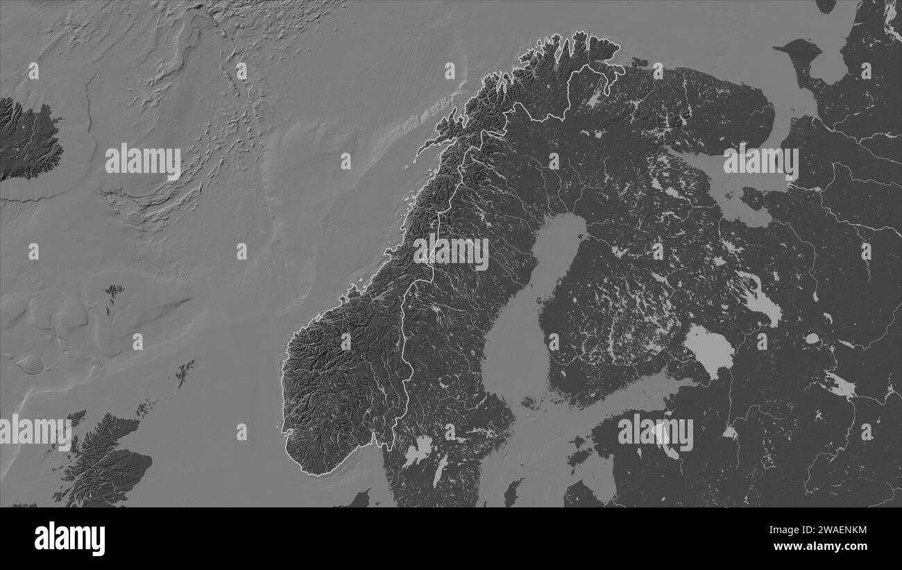 Norway outlined on a Bilevel elevation map with lakes and rivers Stock ...